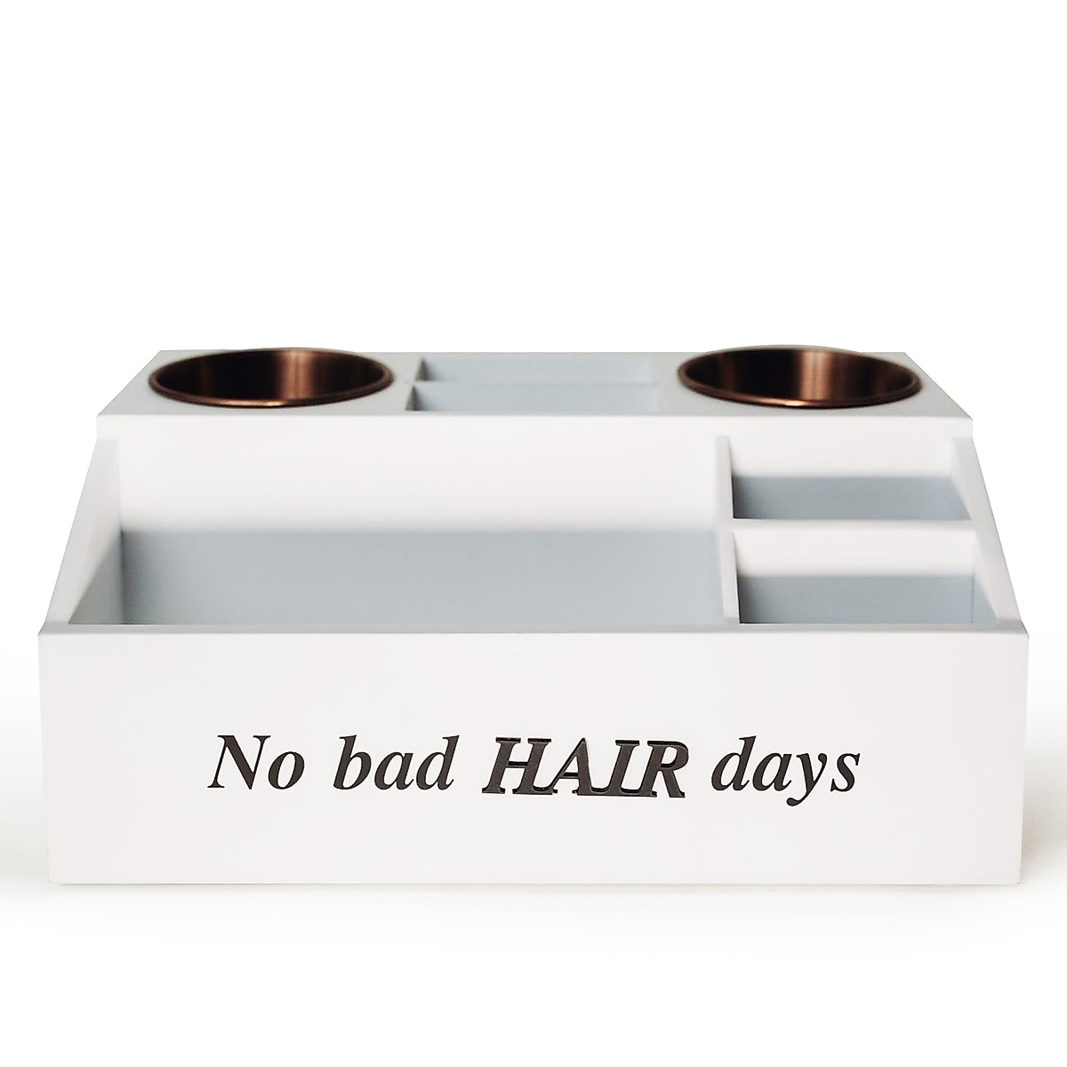 Hair Tool Organizer w/ 7 Compartments - Wooden Hair Product Organizer - Hair Straightener, Brushes, Bathroom Hair Dryer Holder w/ 2 Rose Gold Cups - Hot Tools Organizer for Bathroom Counter or Vanity