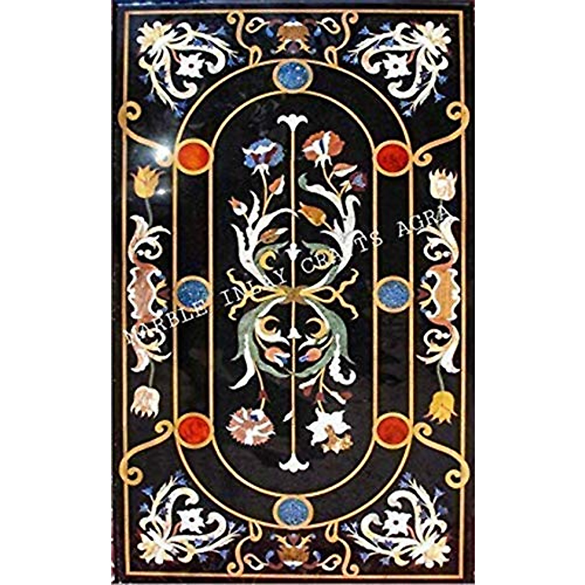 72" X 48" Inch Black Marble Coffee Table Rectangle Hand Made Inlaid With Natural Semiprecious Stones Marquetry