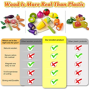 Sundaymot Play Kitchen Accessories, Wooden Play Food, Cooking Set with Stainless Steel Cookware Pots and Pans Utensils, Apron, Chef Hat, ​Cutting Food Kitchen Playset for Girls and Boys