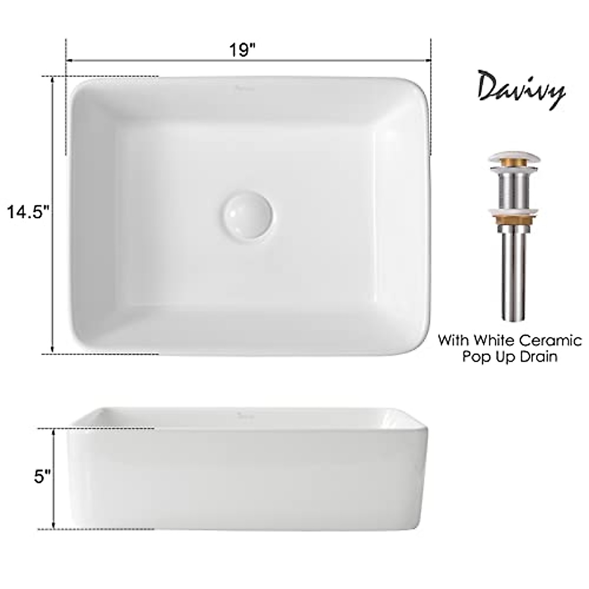 Davivy 19''X 14.5'' Rectangle Vessel Sink with Pop Up Drain,Bathroom Vessel Sinks,White Vessel Sink,Bathroom Sinks Above Counter,Ceramic Vessel Sink,Counter Top Sink,Sink Bowls for Bathroom