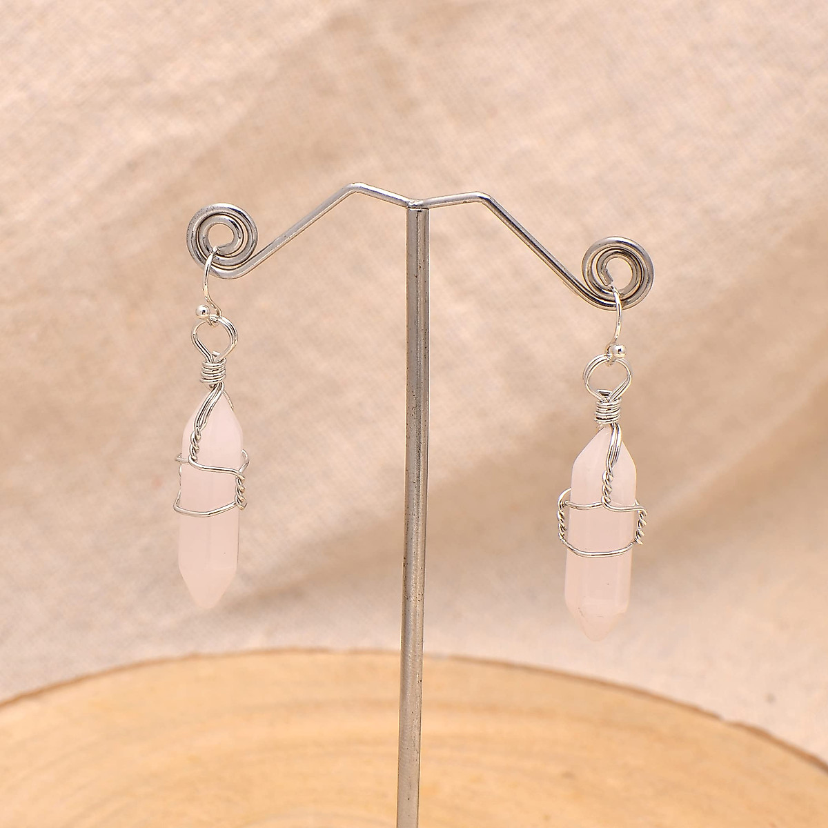 Paialco Hand Wired Natural Rose Quartz Healing Crystal Point Chakra Dangling Earrings