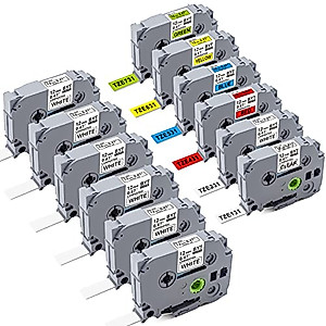Compatible with Brother TZe-231 & Color Laminated P-Touch Label Maker Tape, 0.47 Inch (12mm) x 26.2 Feet, Black on White & Clear/White/Red/Blue/Yellow/Green (6+6 Pack)