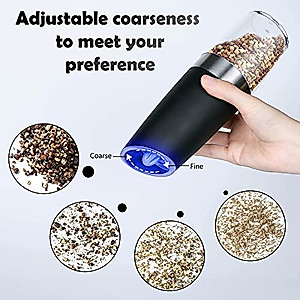 Electric Salt and Pepper Grinder Set, Gravity Sensor, Automatic Pepper Mill, One Hand Operation, Battery-Operated with Adjustable Coarseness, Blue Led Light (Black 2 Pack)