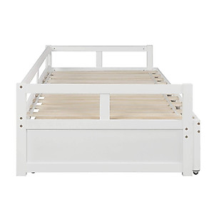 Bed Frame, Wooden Mattress Foundation with Roll Out Trundle Accommodate, Sofa Bed-Frame,Easy Assembly,White