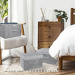 DK.AMZ Foldable Storage Bins with Lids, Fabric Storage Basket for Shelves with Handles, Collapsible Closet Organizer for Home Office, 3-pack, 15 x 9 inches, Gray & White