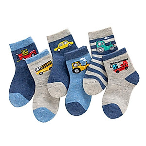 CHUNG Little Big Boys Cotton Quarter Socks Casual Dino Pattern 2025 Autumn Winter School Daily (5-8 Years, 6Car)