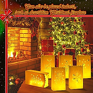100 Pieces Christmas Luminary Bags White Paper Luminary Bags Flame Resistant Candle Bags Lantern Bags 5 Designs with Christmas Tree Snowflake Snowman Reindeer for Christmas Party Decoration