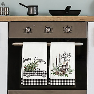 Whaline Christmas Kitchen Towel Xmas Tree Truck Gift Box Dish Towel Watercolor White Black Buffalo Plaids Hand Drying Tea Towel for Cooking Baking, 4 Pack, 18 x 28 Inch