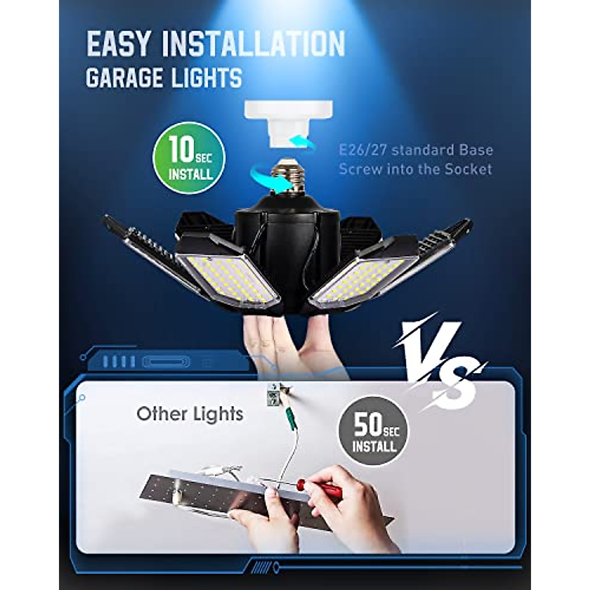 LIGHTNUM 4 Pack LED Garage Light, 45W LED Lights for Garage, 16000LM 6500K E26/E27 Deformable Garage Lights Ceiling LED with 6 Adjustable Panels Compatible for Workshop Storage Room Basement