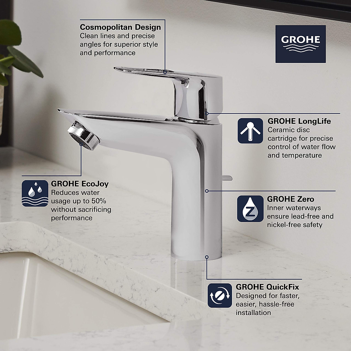 GROHE 23963001 Bauloop, Single Hole Single-Handle M-Size Bathroom Faucet 1.2 GPM, Chrome