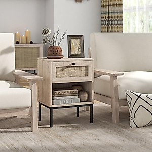 Giantex Rattan Nightstands with Drawer Set of 2, Boho Side Tables with 4 Metal Legs and Open Storage Shelf, Farmhouse Night Stands for Small Spaces, 2 Tier Bedside Tables for Bedroom Office, Oak