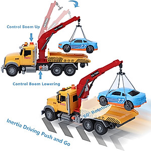 IYEAM 15" Tow Truck Toy with Hooks and Car for Kids Boys Girls Friction Powered Truck Toy with Sound and Lights