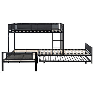 L-Shape Triple Bunk Bed with Trundle, Metal 3 Bed Bunk Beds with for Kids, Twin Size Corner Bunk Bed Frame with Wood Slats Support for 4 Teens, Textilene Guardrails, Black