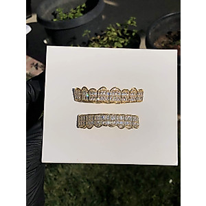 14k Iced Baguette Set 8 Teeth Joker Gold Grillz for Mouth Top Bottom Hip Hop Teeth Grills for Teeth Mouth Grillz for Mouth Top Bottom (Gold)