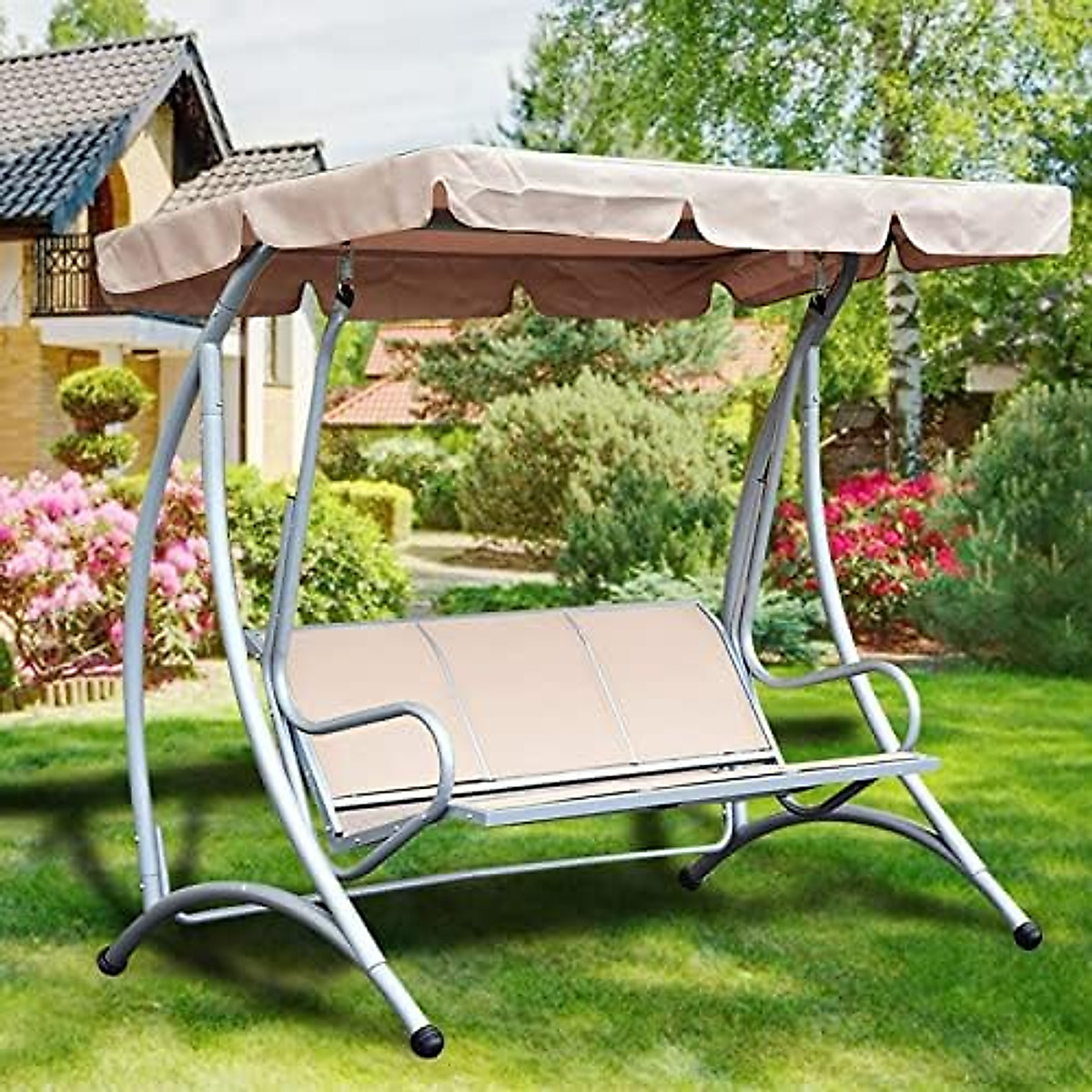 Ymiko Outdoor Swing Canopy, 3 Seat Chair Top Cover Swing Canopy Waterproof Cover for Patio Swing Garden Swing Outdoor (Beige)