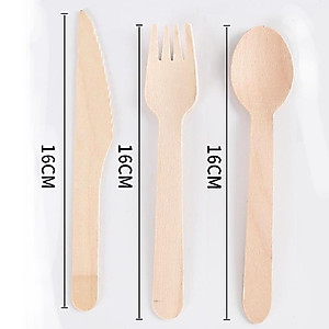50 Pieces Disposable Wooden Cutlery Set, Premium Kraft Paper Independent Packaging Cutlery Combo: Fork Knive Spoons and Napkin for Home Office Restaurant Party and Outdoor