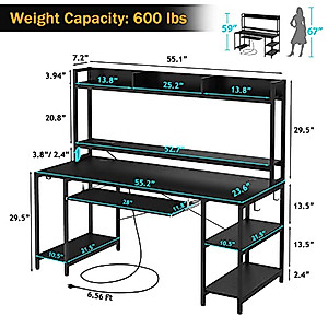 55" Computer Desk with Power Outlet & USB Ports, Heavy Duty Desk with Hutch Keyboard Tray, Home Office Desks with Shelves Monitor Stand, Study Table Writing Desk Workstation, Easy to Assemble, Black