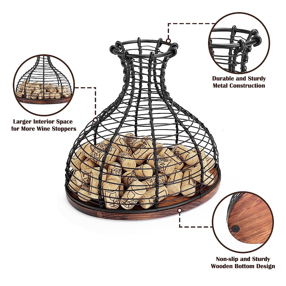 IEBIYO Wine Cork Container Wine Stopper Holder Black Wine Cork Storage with Wooden Bottom Cork Collector Cage Wine Lover Gift Kitchen Decor (Bronze Black)