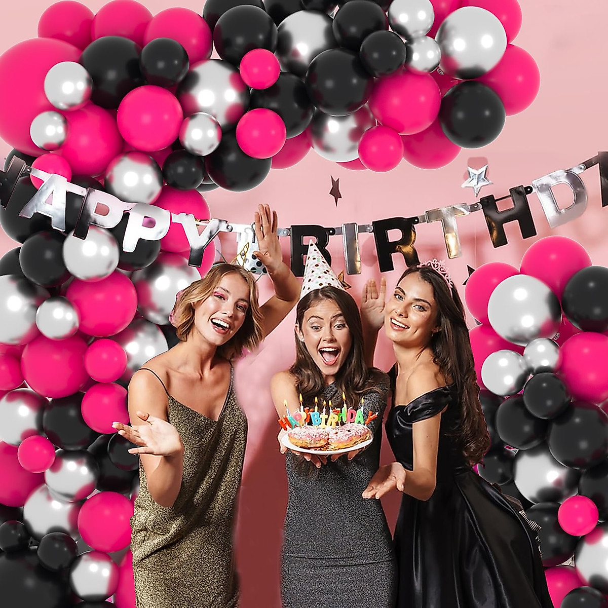 Hot Pink Black Balloon Garland Arch Kit, 122PCS Rose Red Black Hot Pink Balloons Metallic Silver Balloons for Birthday Wedding Engagement Baby Bridal Shower Anniversary Girl Spa Party Decorations