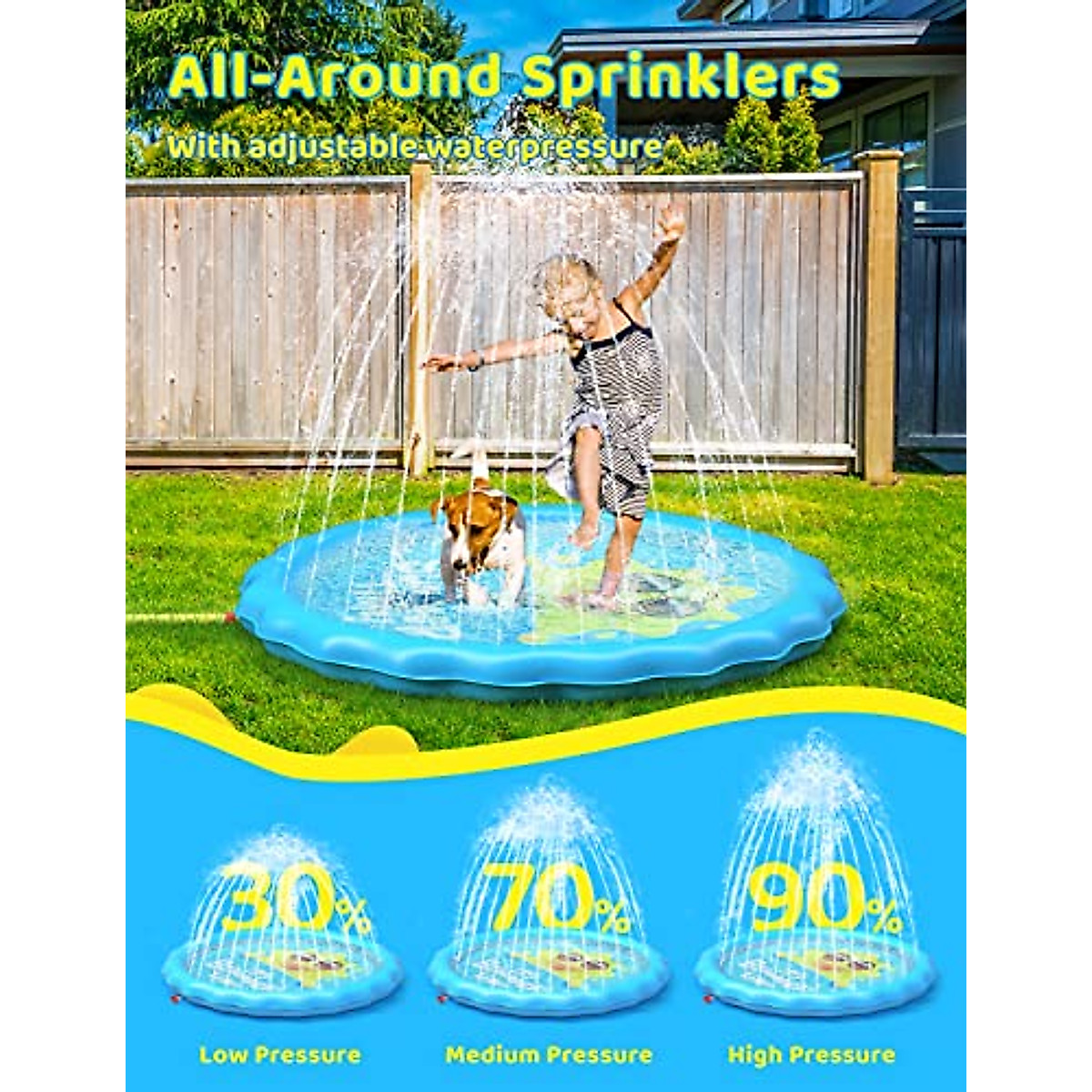 QPAU Non-Slip Splash Pad for Kids and Dog | 0.4 mm Thickened Sprinkler Pool Water Play Mat for Summer and Outdoor | Fun Backyard Water Toy Fountain Mat for Baby Girls Boys or Pet Dog (67"), Blue