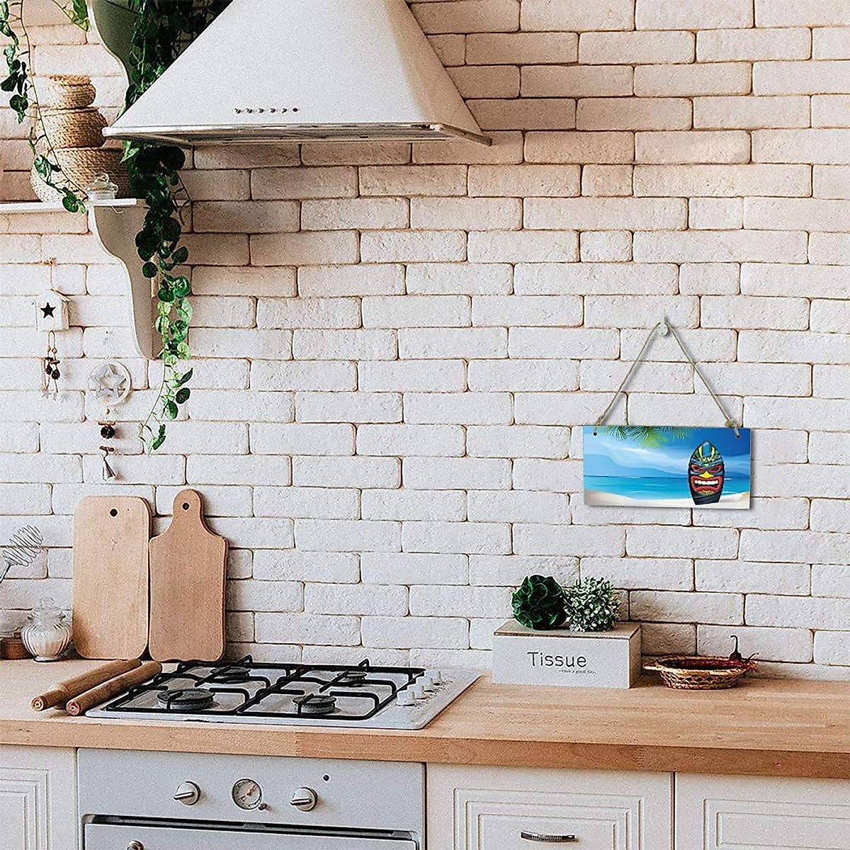 CHARMHOME Wood Hanging Sign Tiki Warrior Mask Design Surfboard on Ocean Beach Gardens Designs Farmhouse Style Wall Decor Wood Sign for Front Door Decorations 8"x4"