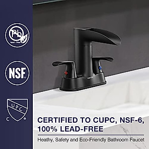 Black Bathroom Faucet 4 Inch 2 Handle - WaterSong Waterfall Bathroom Sink Faucet with Pop-up Drain & cUPC Lead-Free Water Supply Hose, Centerset 360° Swivel Spout Bathroom Faucet, RV Farmhouse Modern