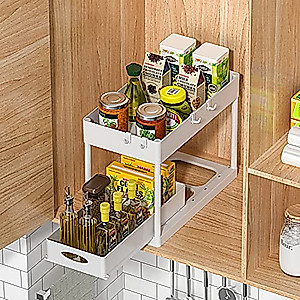 PUILUO Under Sliding Cabinet Basket Organizer, 2 Tier Under Sink Organizers White Under Sink Storage for Bathroom Kitchen
