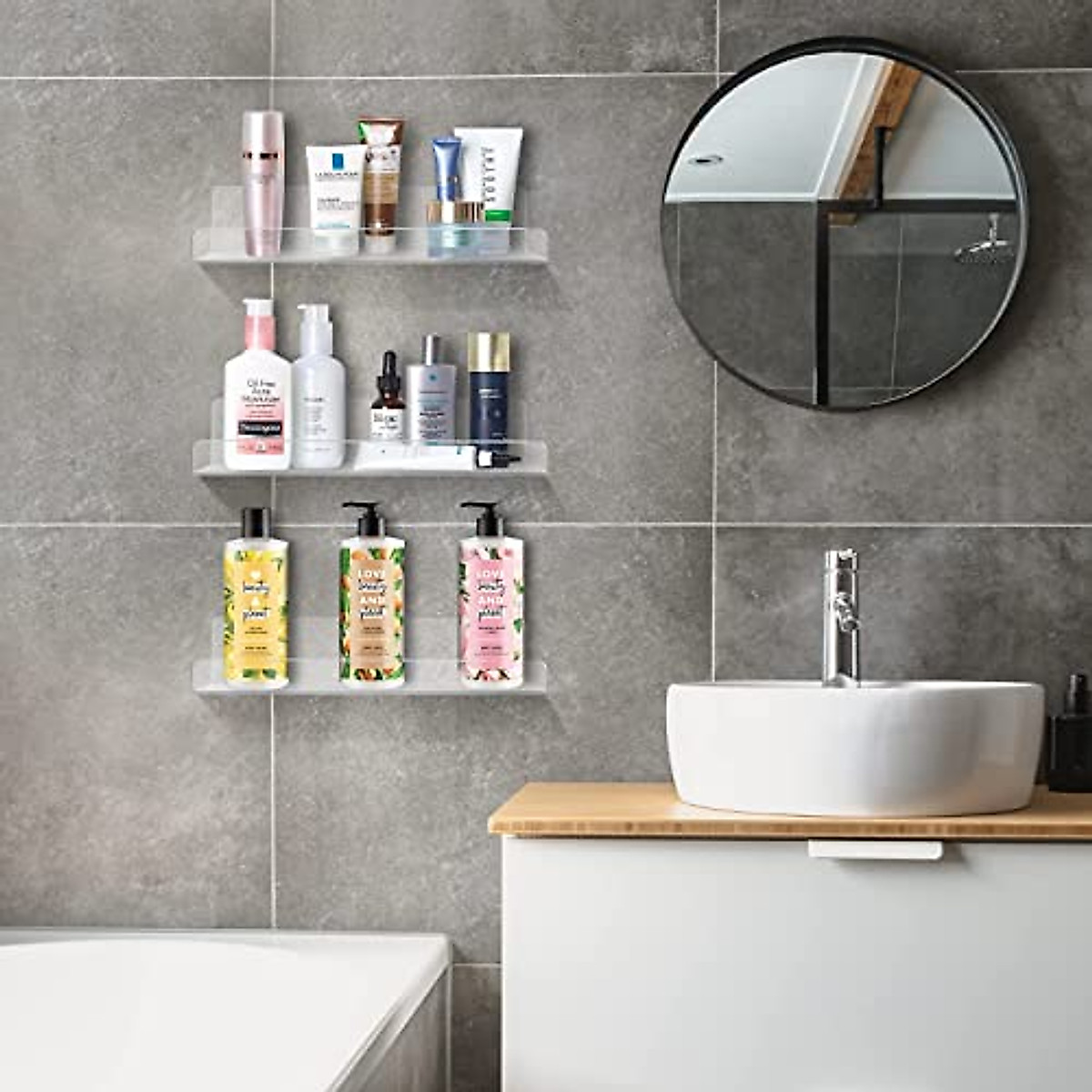 Dezzer Acrylic Floating Shelves, 6 Pack 15" Invisible Shelf Wall Ledge Bookshelf Bedroom Bathroom Kitchen Shelves Book Toys Funko Pop Figures Display Shelves, Clear