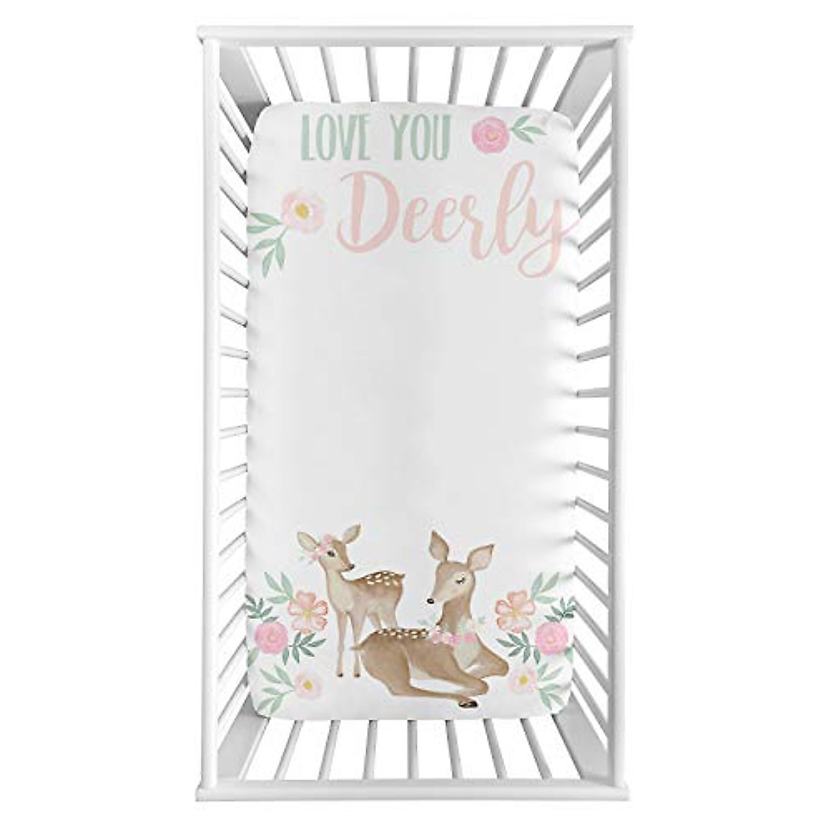Sweet Jojo Designs Woodland Deer Floral Girl Fitted Crib Sheet Baby or Toddler Bed Nursery Photo Op - Blush Pink, Mint Green and White Boho Watercolor Love You Deerly