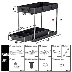 MOUDAO 2 Pack Under Sink Organizers and Storage Bathroom Organizer, 2 Tier Black Under Sink Organizer Cabinet Kitchen Organization Pantry Closet with Pull-Out Drawers, Anti-slip Mats, Hanging Hooks