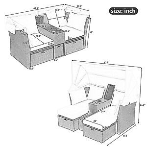 P PURLOVE Outdoor Loveseat Chaise Lounge with Canopy, 2-Seater Outdoor Patio Double Daybed with Foldable Awning and Cushions, Outdoor Loveseat Sofa Set for Lawn, Garden, Backyard, Porch Pool (Grey)