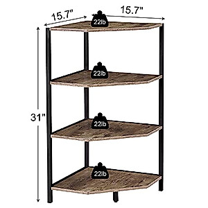 VECELO Corner Shelf, 4-Tier Display Shelves, Wood Storage Stand with Metal Frame, Multipurpose Shelving Unit for Small Space, Home Office, Grey