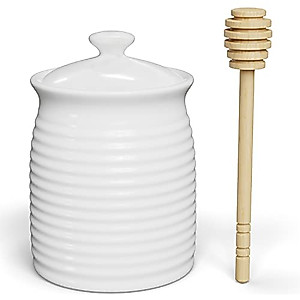Kook Ceramic Honey Jar with Lid, Wooden Dipper, Small Beehive Honey Pot with Lid, Durable Stoneware, Microwave & Dishwasher Safe, 20 oz, Glossy Finish, White