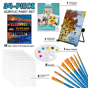 Art Paint Set for Kids, Painting Supplies Kit with 5 Canvas Panels, 8 Brushes, 12 Acrylic Paints, Multi-Function Table Easel, Etc, Premium Acrylic Paint Set for Students, Kids and Beginner.