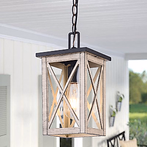 Outdoor Pendant Light Exterior Hanging Lantern Porch Pendant Lights, Light Wood Grain with Glass 1-Light Lamp for for Porch, Patio, Entryway