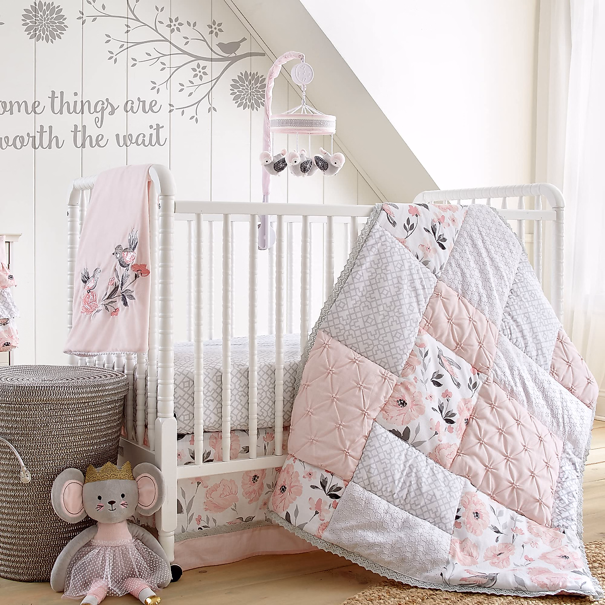 Levtex Baby - Elise Crib Bed Set - Baby Nursery Set - Pink, Grey, and White - Floral and Velvet Patchwork - 5 Piece Set Includes Quilt, Two Fitted Sheets, Wall Decal & Skirt/Dust Ruffle