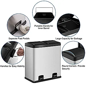 Costzon Double Compartment Classified Step Trash Can, 16 Gallon Stainless Steel Pedal Bin, 2 x 30L Removable Buckets w/Carry Handle, Garbage Classification Recycle for Home, Kitchen, Restaurant
