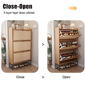 AVZEAR Narrow Shoe Storage Cabinet with 3 Flip Drawers, Freestanding Shoe Organizer Wooden Closed Shoe Rack, Slim Shoe Cabinet Storage for Entryway, Hallway, Living Room (Natural)