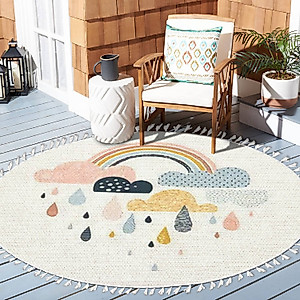 DNEWYNPABV Round Boho Rug Sky with Clouds rain Drops and Rainbows Cute Doodle Decorative Area Linen Carpet Patio Hallway Runner Mat Pad Minimalist Home Decor for Living Room Outdoor, Multi, 4 ft