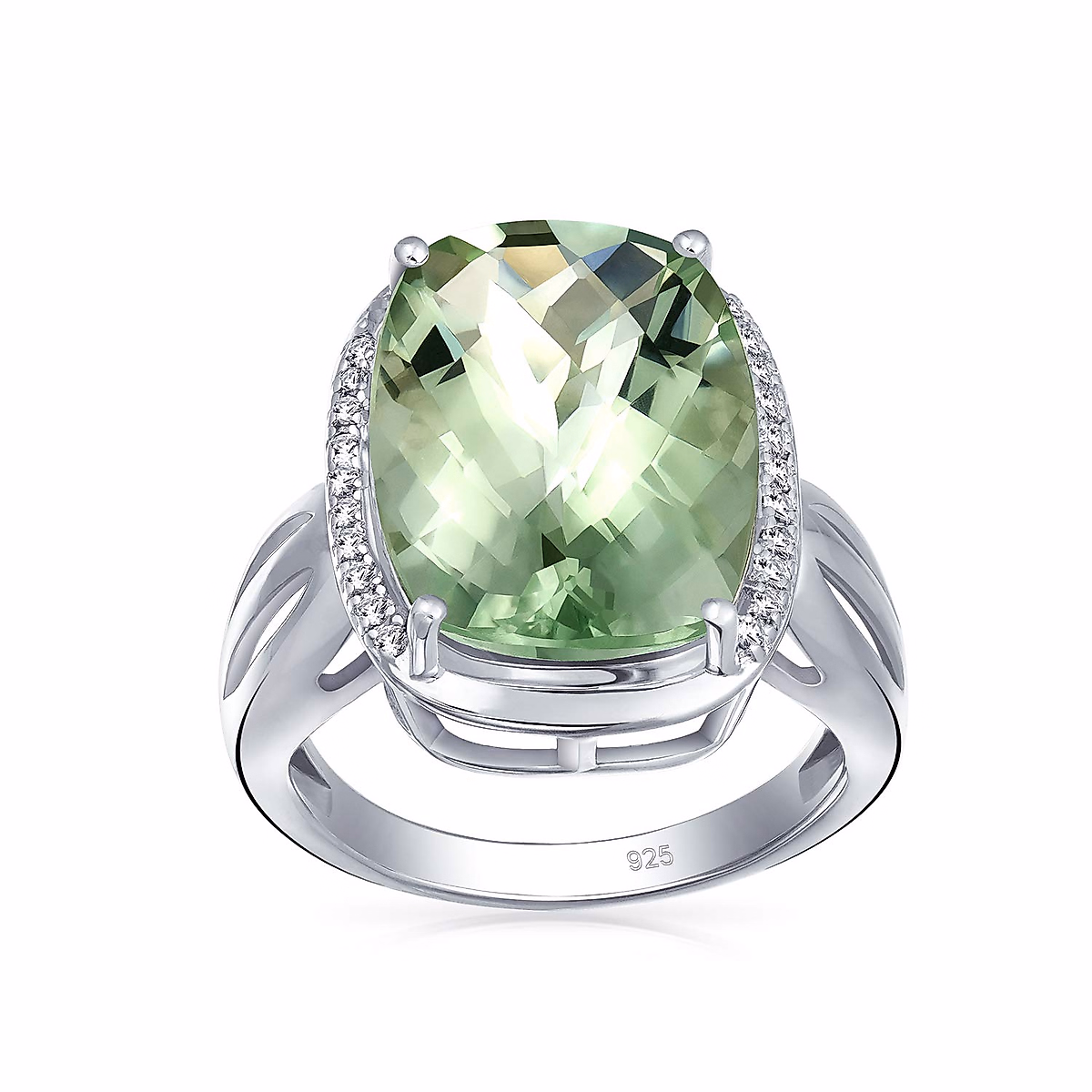 6CT Cushion Cut Natural Zircon Accented Gemstone Light Green Solitaire Statement Prasiolite Ring For Women .925 Sterling Silver Split Shank August Birthstone