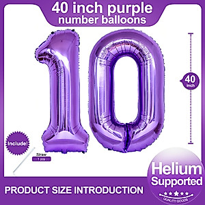 Number 10 Purple Balloons 40 Inch Giant Purple 10 Number Foil Helium Balloons for 10th Purple Birthday Party Supplies 10th Anniversary Events Decorations