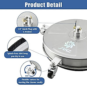 JANZ 18" Pressure Washer Surface Cleaner with 4 Wheels,1/4" Quick Plug,Stainless Steel Housing,2 Extension Wand Attachments, 3 Spray Nozzles and 2 Replacement Nozzles, 4000 PSI