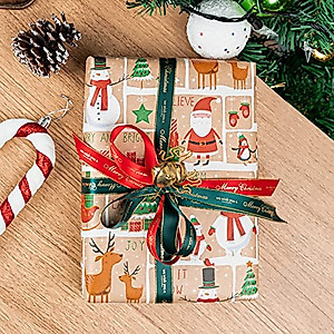 RUSPEPA Christmas Wrapping Paper, Jumbo Roll Kraft Paper - Red and Green Santa Claus, Polar Bear, Penguin, Snowman, Reindeer and Sleigh Design for Holiday Gift Wrap - 30 Inches x 100 Feet