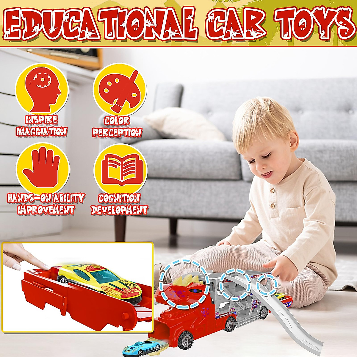 KAEGREEL Dinosaur Trucks Toys with Car Repair Tool Set for Kids 3 4 5 6 7 Year Old, Dinosaur T Rex Carrier Truck with 12 Catapult Cars, Dino Truck Vehicle Repair Tool Toys for Kids