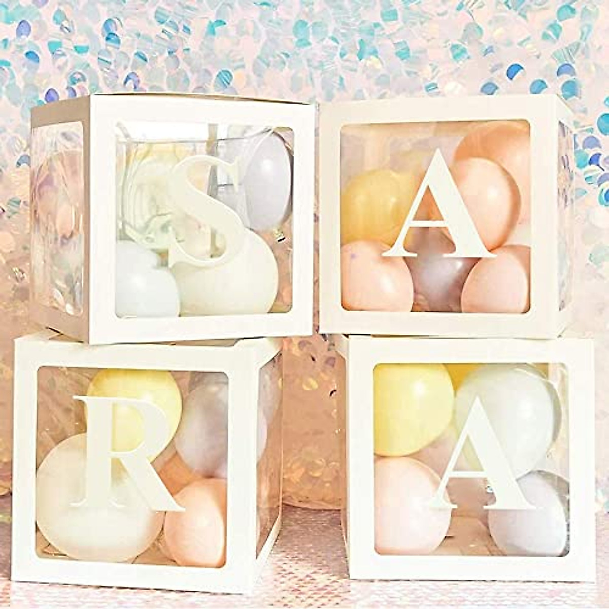 4 pcs White Transparent Balloons Boxes with 30 Letters 10 Numbers 5 Symbols, 49 pcs Party Decorations Kit Supplies, Boys Girls Birthday Baby Shower Gender Reveal Decoration Backdrop, Photo Props