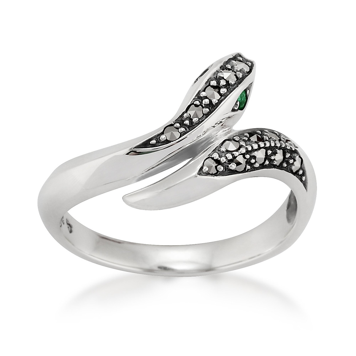 Gemondo 925 Sterling Silver Art Nouveau Emerald & Marcasite Snake Ring