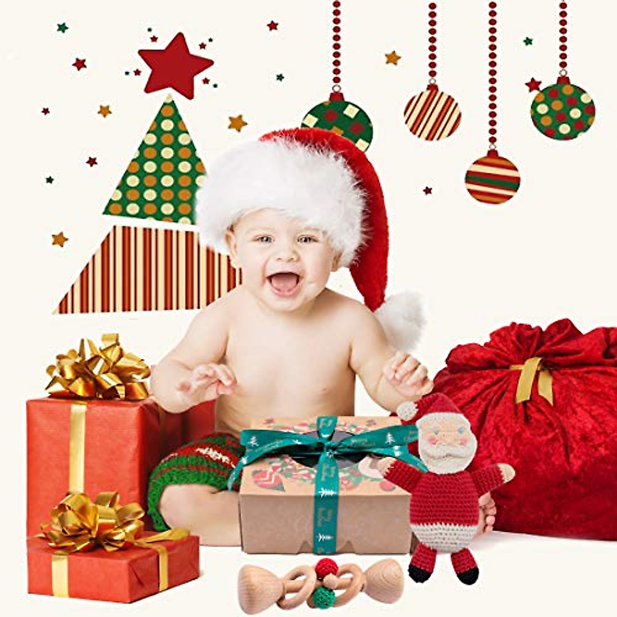 Wooden Baby Rattle with Santa Doll Crochet Organic Montessori Inspired Toy Christmas Gifts Unisex Newborn Rattles Toys