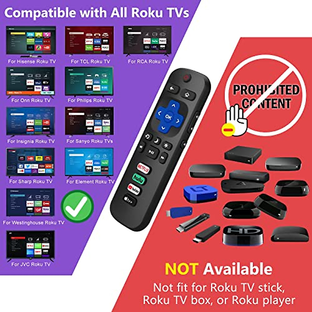 【Pack of 2】 RC280 Remote Control for Roku TVs,Compatible for TCL Roku/Hisense Roku/Onn Roku/Sharp Roku/Element Roku/Westinghouse Roku/Philips Roku/Insignia Roku/Jvc Roku/RCA Roku Smart TVs