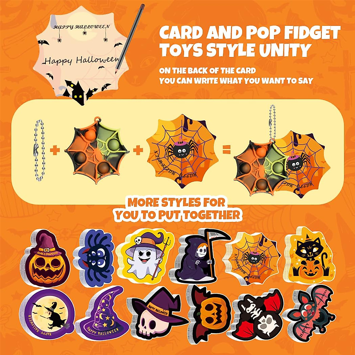Oroalbb 72 Pcs Halloween Mini Pop Fidget Keychain Bulk, Halloween Party Favors for Kids, Halloween Toys Bulk with 72 DIY Cards, Halloween Prizes , Halloween Classroom Favors, Trick or Treat Toys