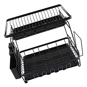 Emoshayoga Dish Drying Rack, 2 Tier Detachable Carbon Steel Black Dish Racks with Drainboard for Kitchen